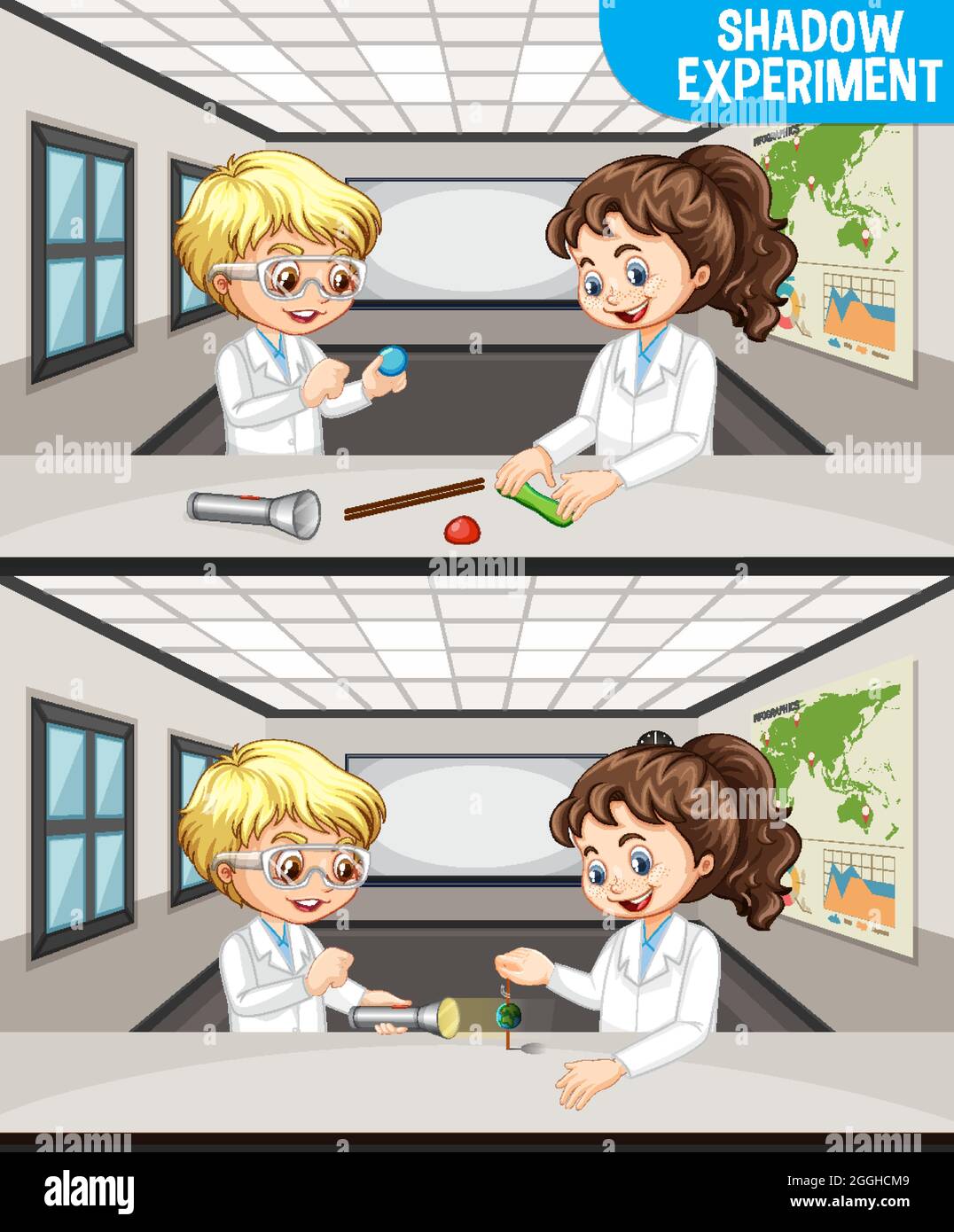 Shadow experiment with scientist kids cartoon character illustration ...