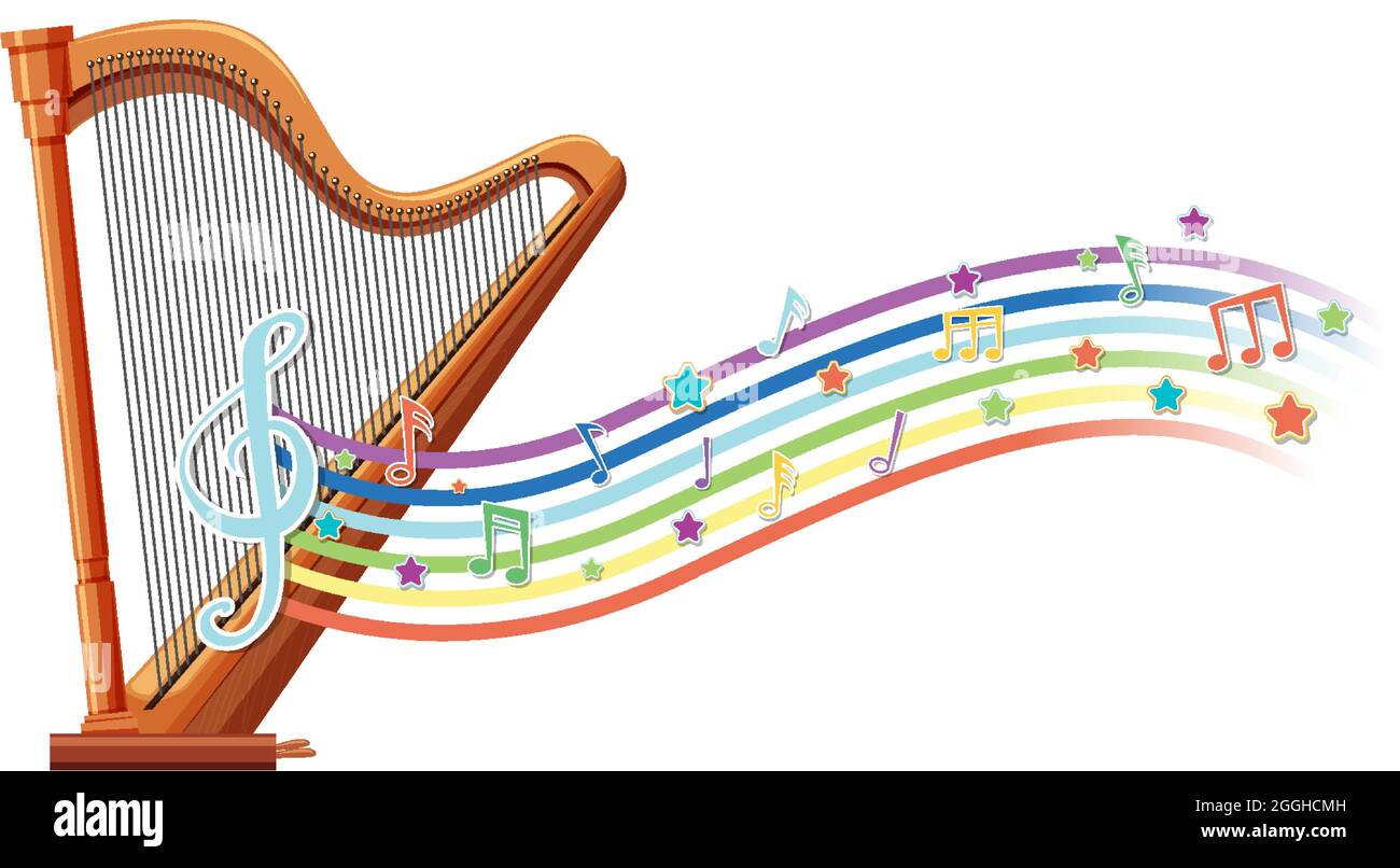 Harp with melody symbols on rainbow wave illustration Stock Vector ...