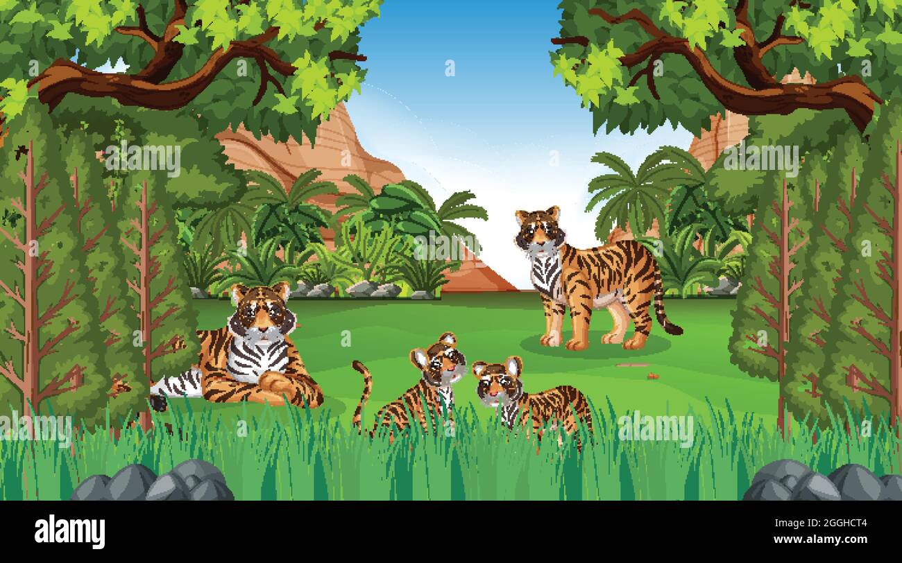 Tiger family in forest or rainforest scene with many trees illustration Stock Vector Image & Art ...
