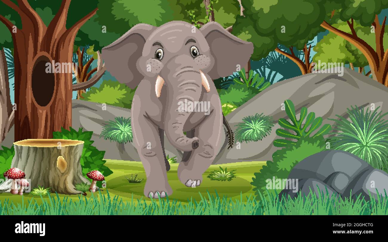 Elephant in forest or rainforest scene with many trees illustration ...