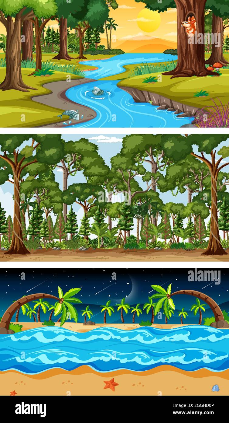 Set of different forest horizontal scenes in different times ...