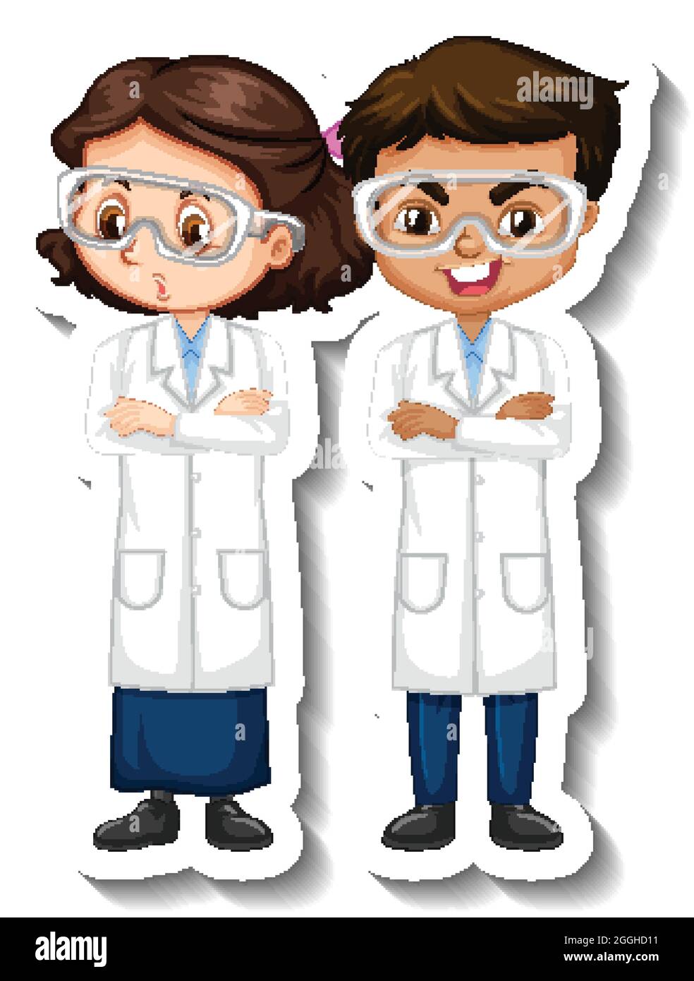 Cartoon character sticker with couple scientists in science gown ...
