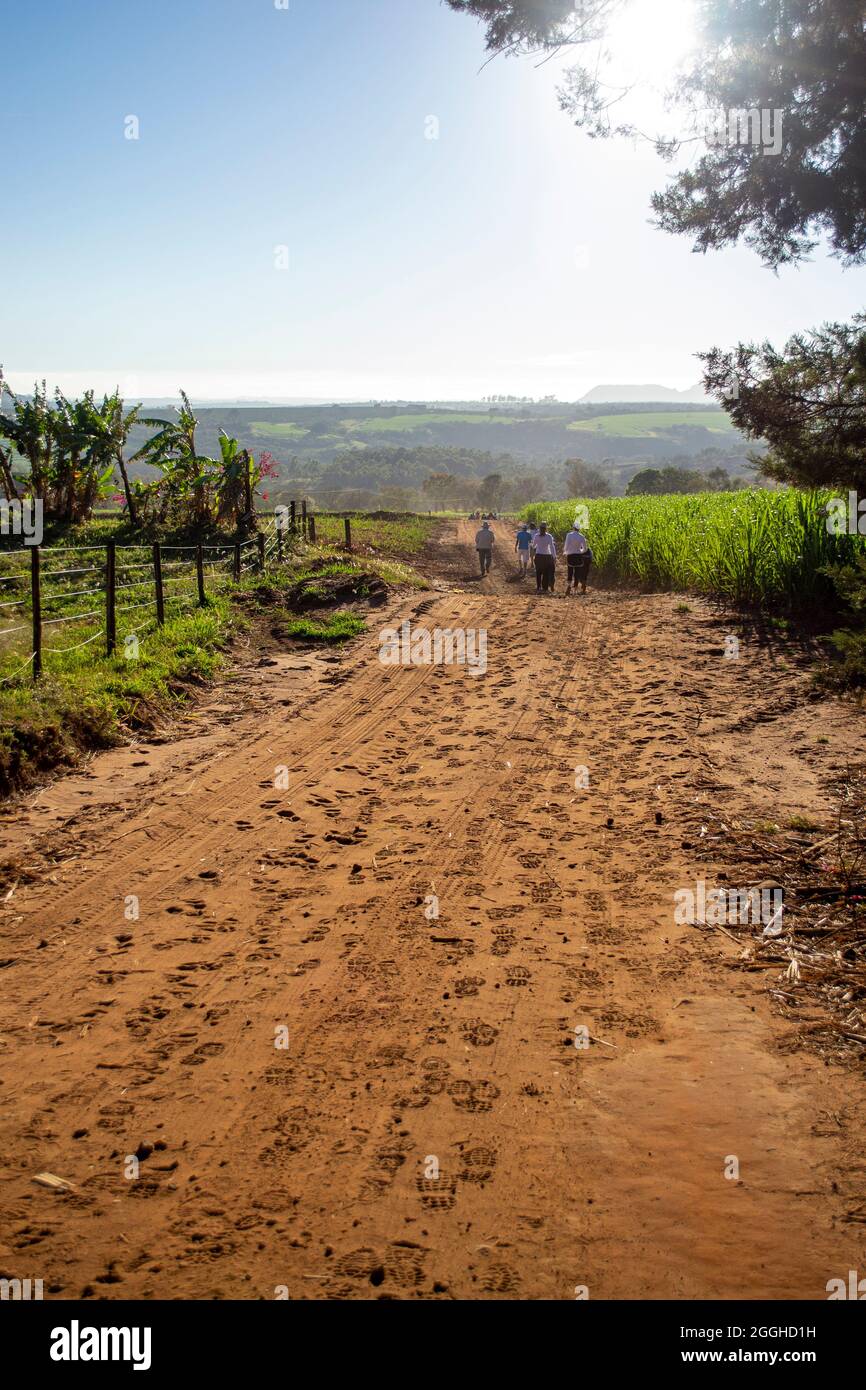 dirt road with group of people walking in the dawn sun Stock Photo - Alamy