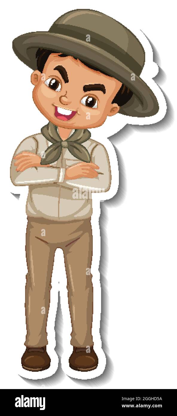 Boy in safari outfit cartoon character sticker illustration Stock ...