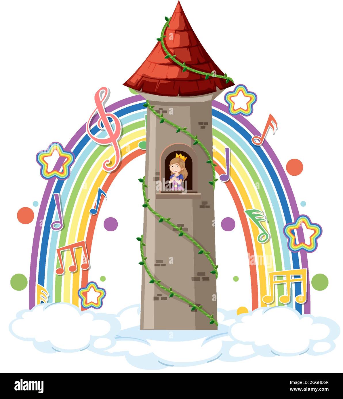 Princess in tower with melody symbol on rainbow illustration Stock ...