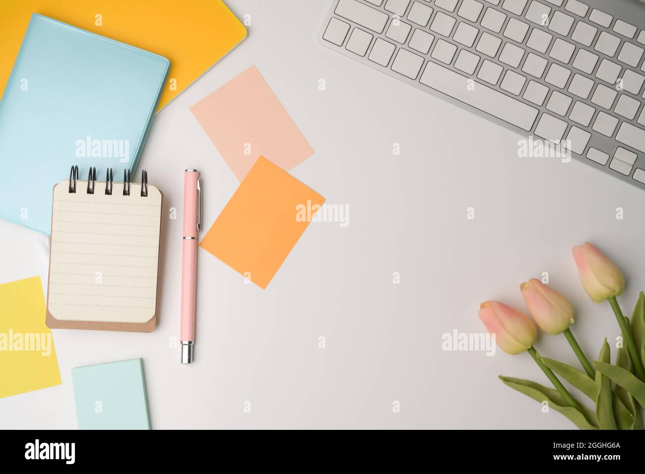 Above view colorful sticky notes, notebook and pink tulips on white ...
