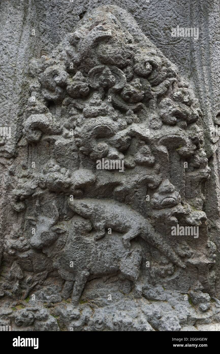 Carved stone on the stone penataran temple (panataran temple), Blitar ...
