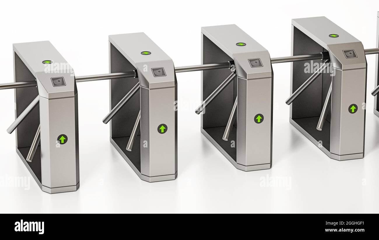 Tripod security gates in a row isolated on white background. 3D ...