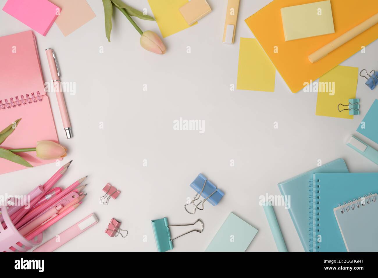 Colorful sticky note and notebooks on white background Stock Photo - Alamy