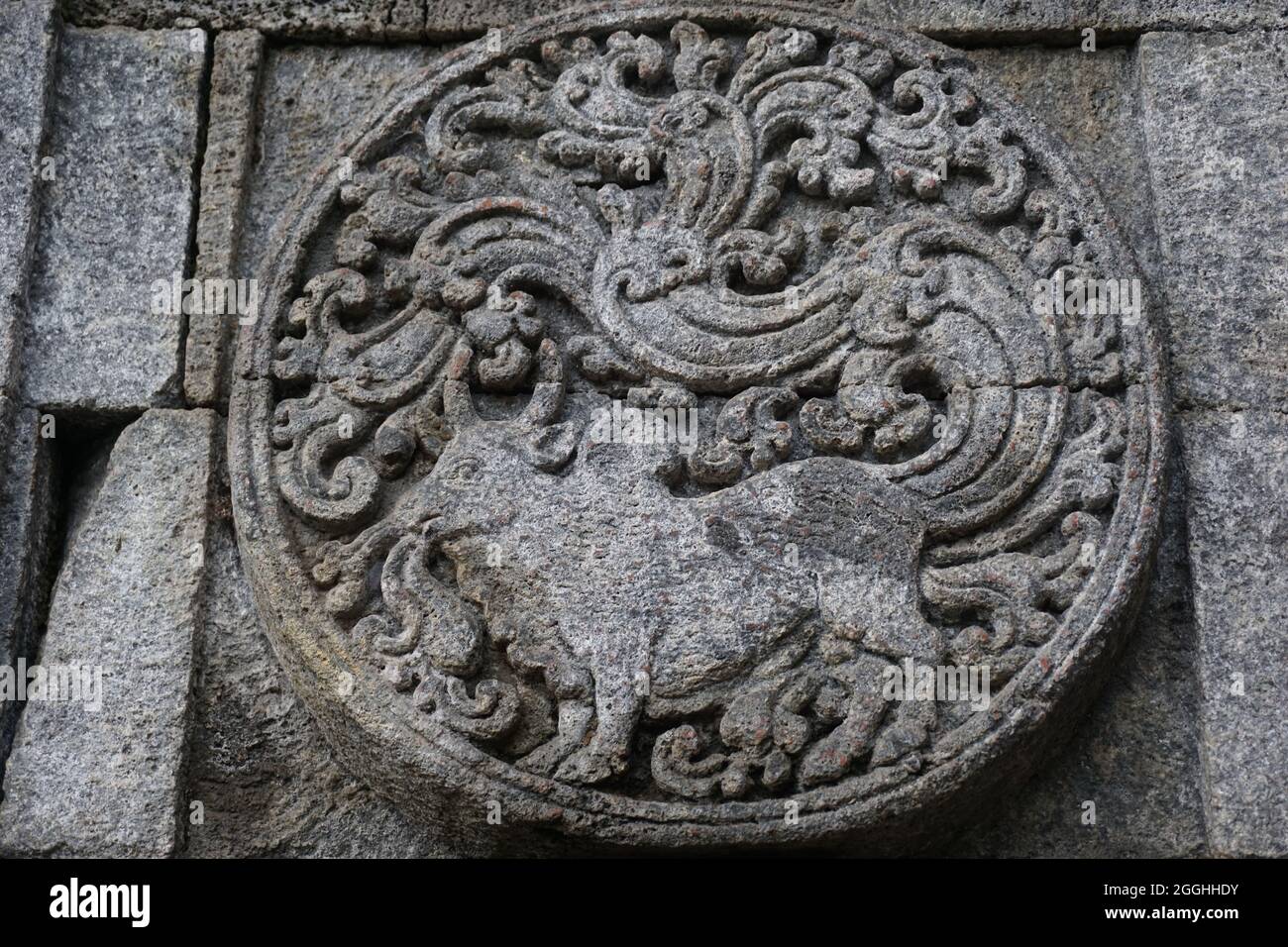 Carved stone on the stone penataran temple (panataran temple), Blitar ...