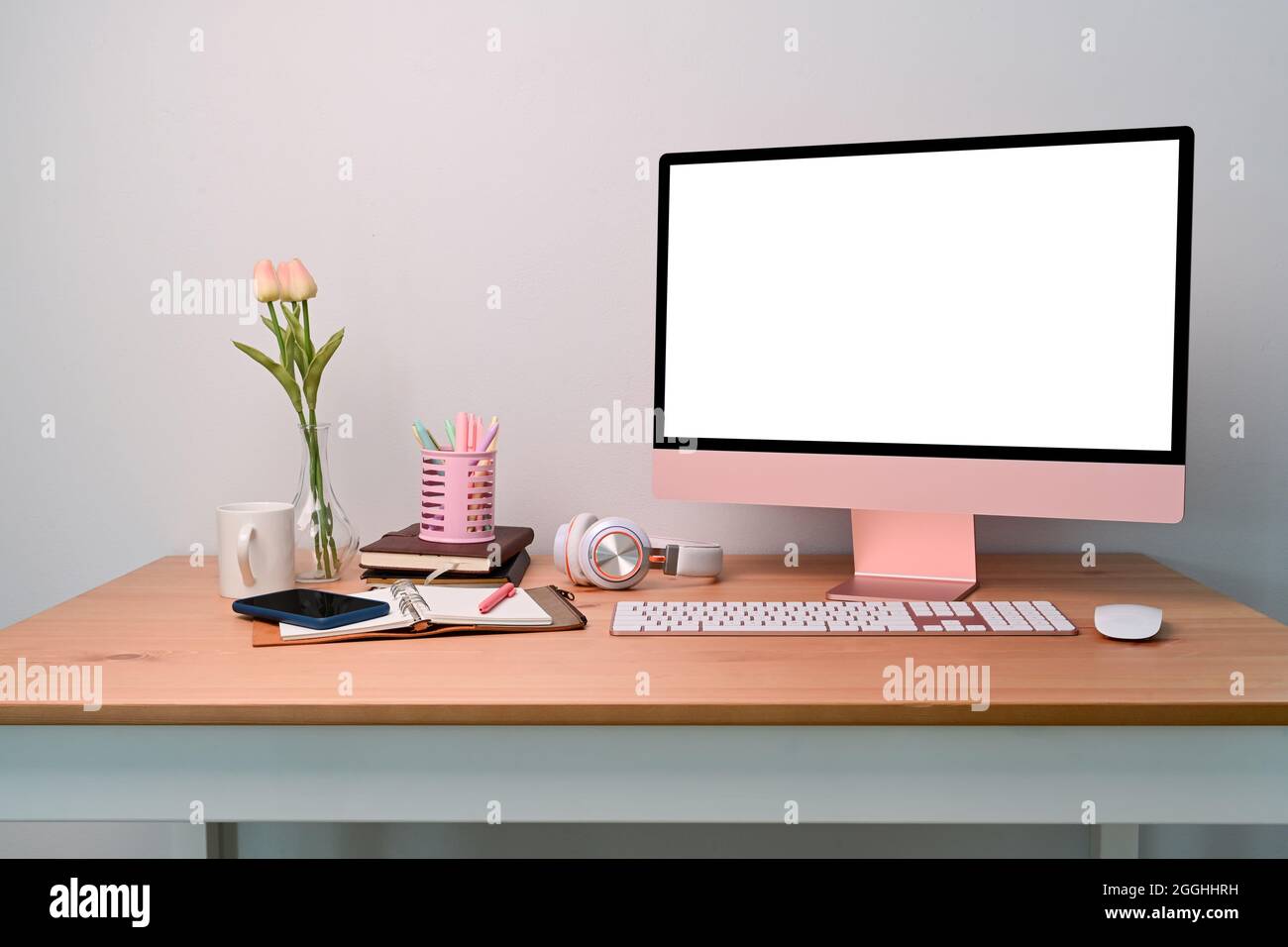 Female workplace with modern computer and supplies on wooden desk Stock ...