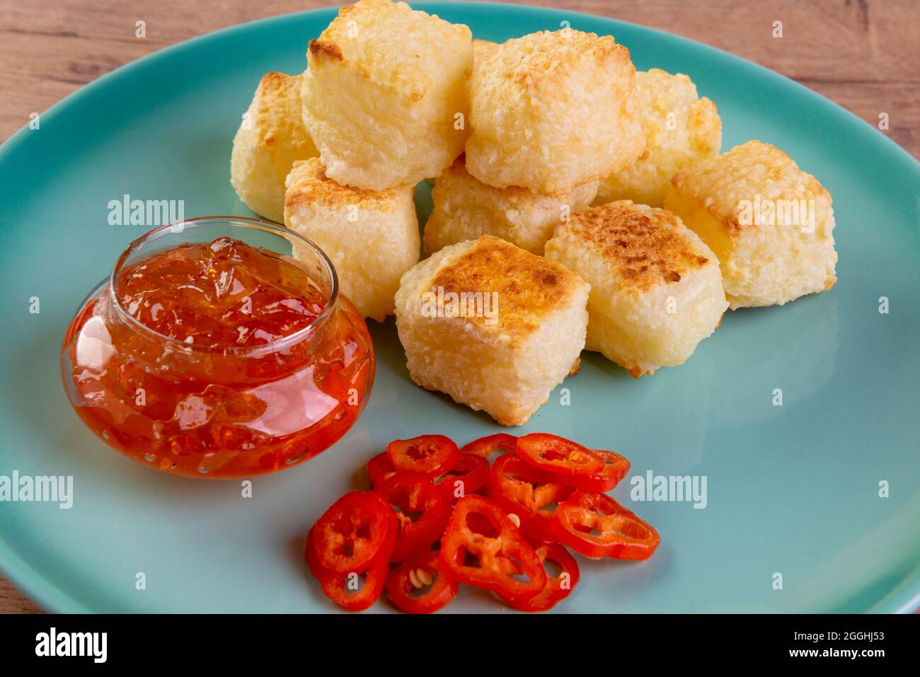 Brazilian snack of tapioca made of coalho cheese and tapioca flour ...