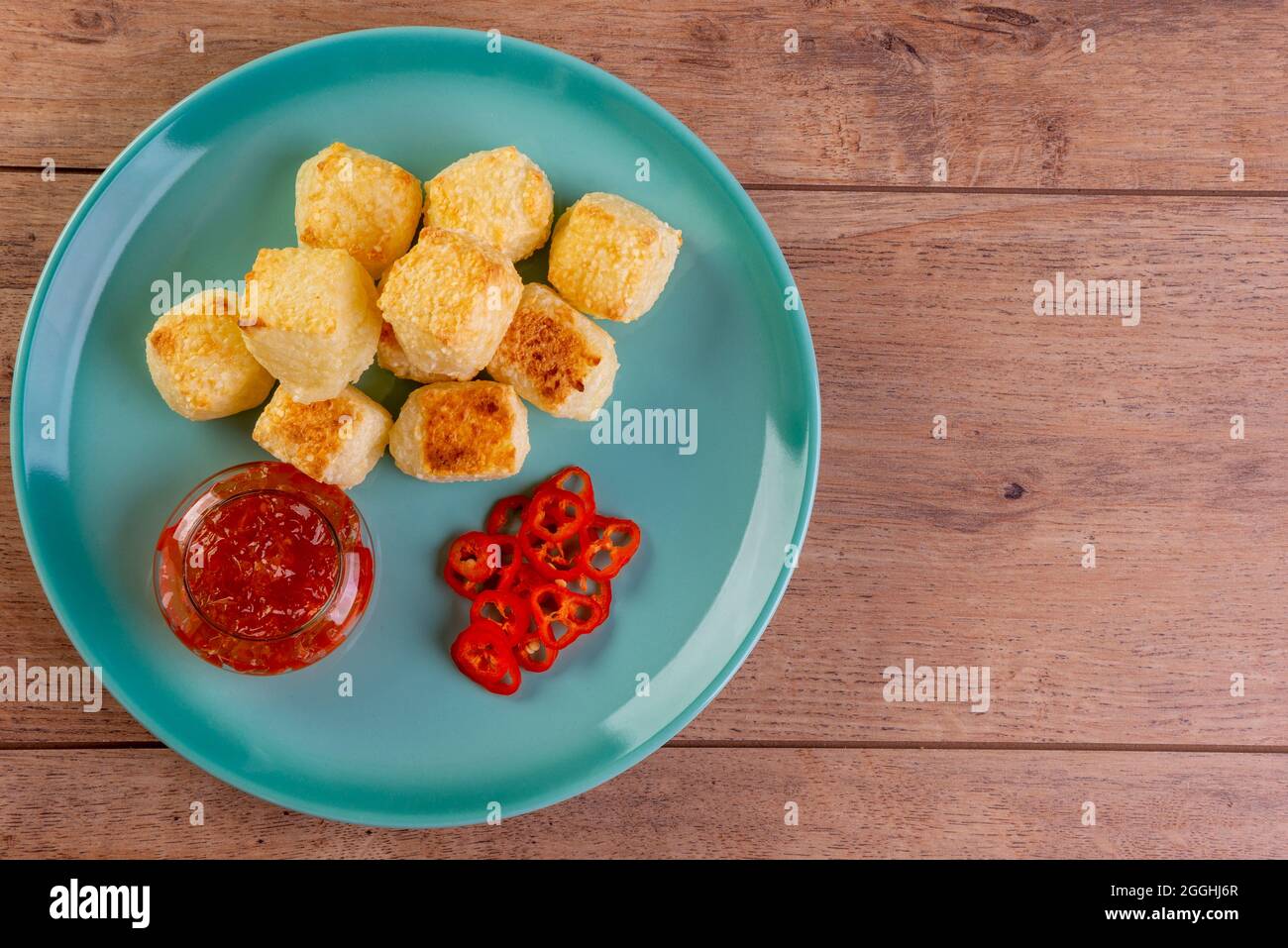 Brazilian snack of tapioca made of coalho cheese and tapioca flour ...