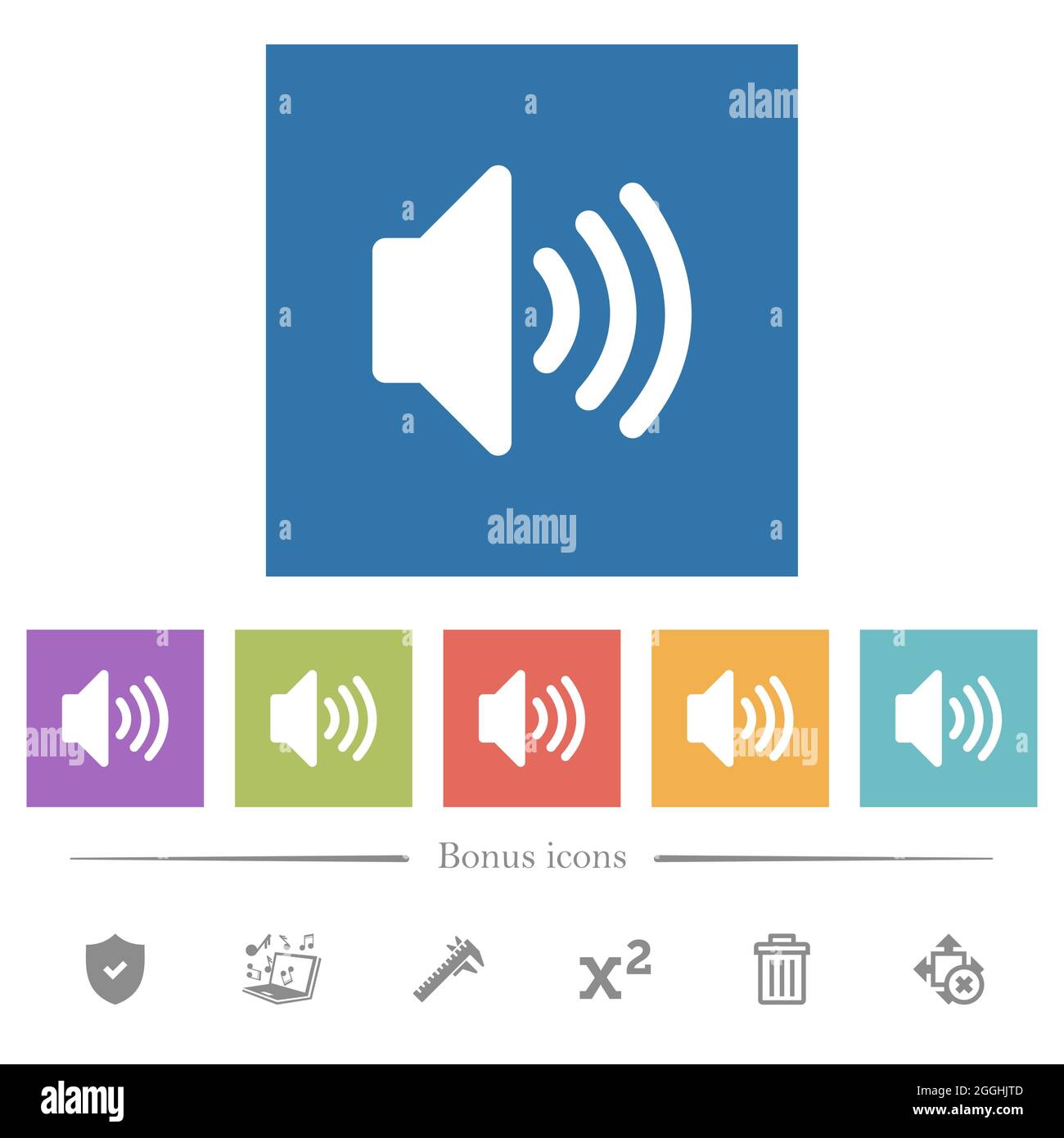 Volume solid flat white icons in square backgrounds. 6 bonus icons ...