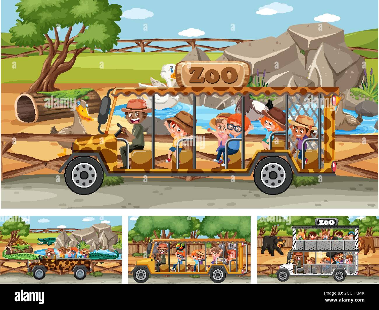 Different safari scenes with animals and kids cartoon character ...