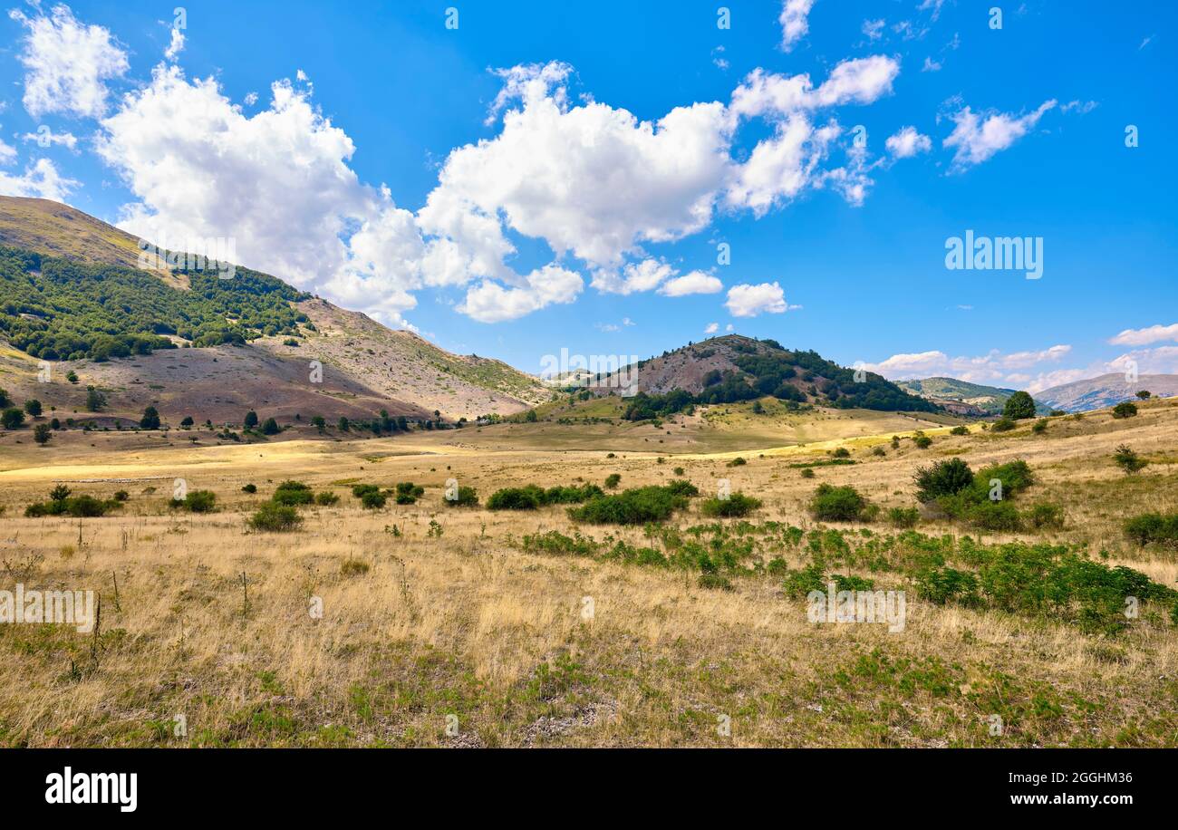 Passo Godi in the Abruzzese Apennines. Pastures and woods in the valley ...