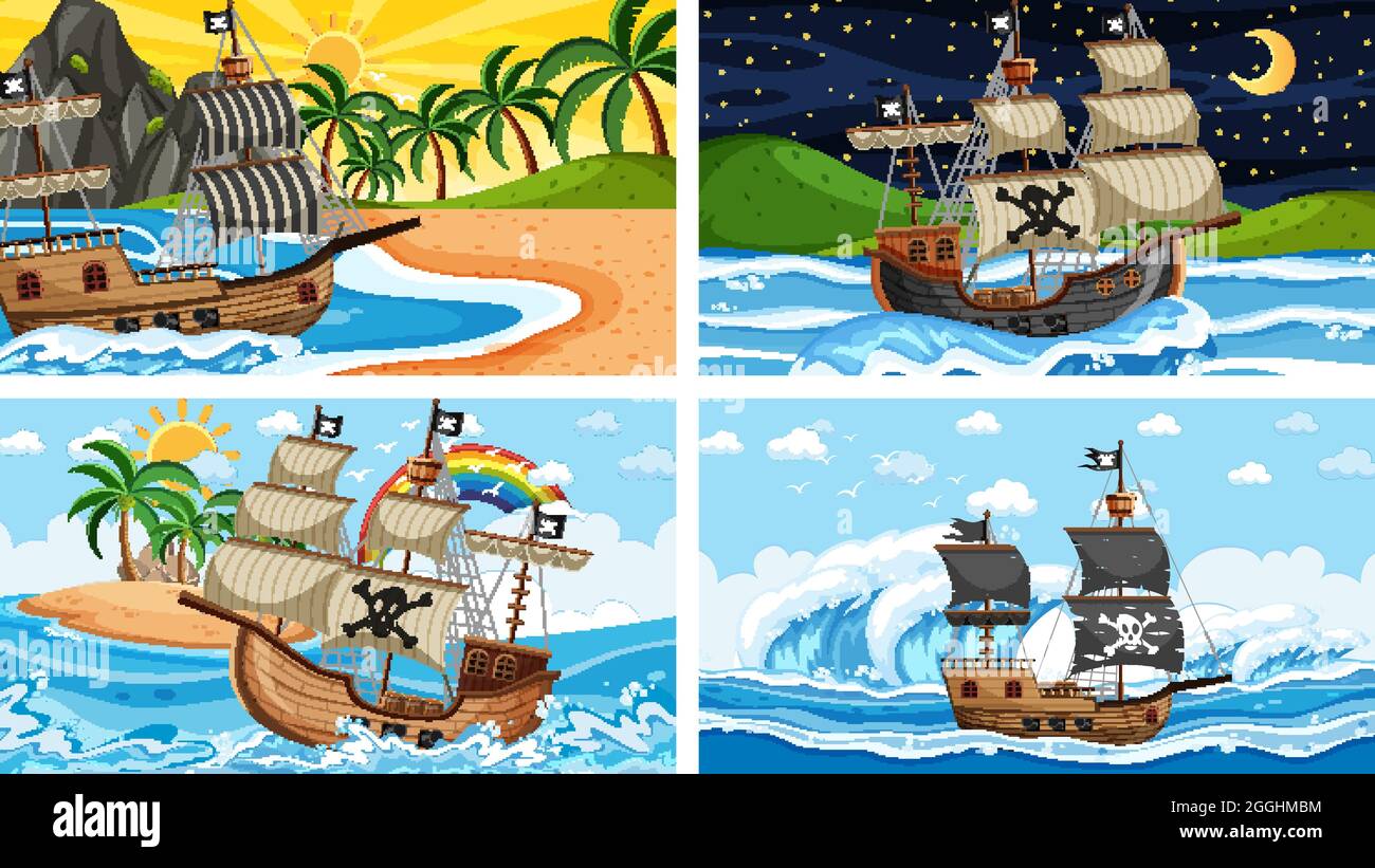 Set of ocean scenes at different times with Pirate ship in cartoon ...