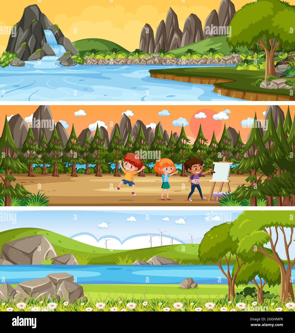 Different panoramic nature landscape set with cartoon character ...