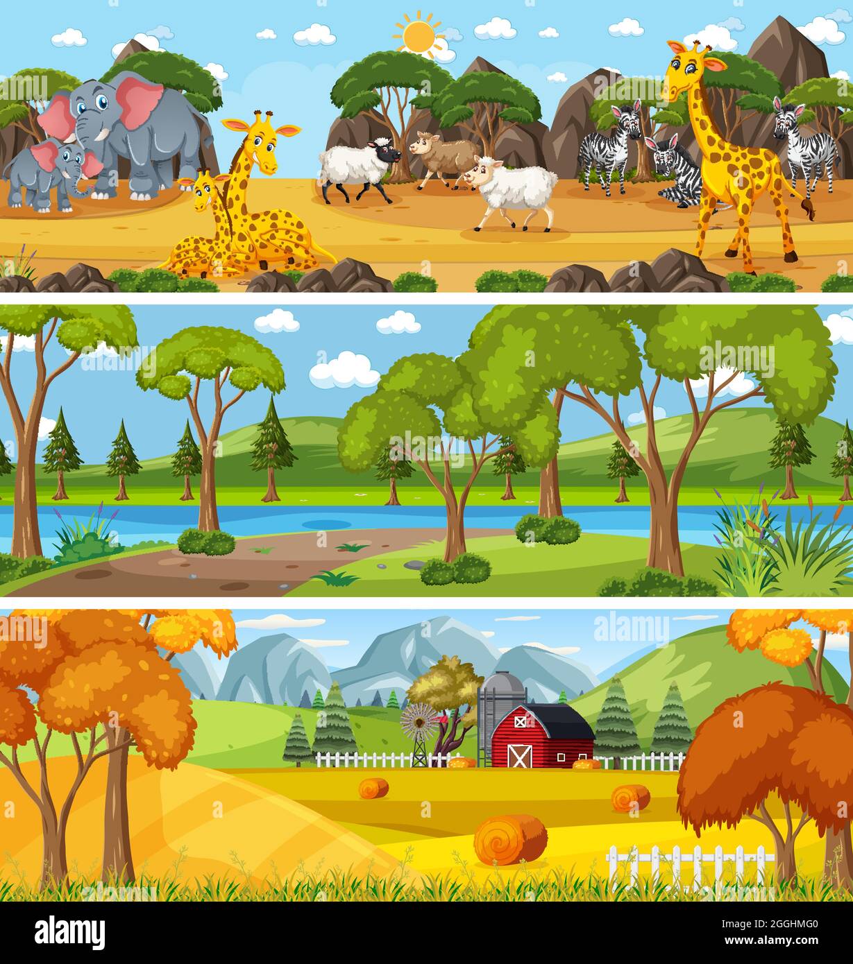 Panoramic nature landscape scene set with cartoon character ...