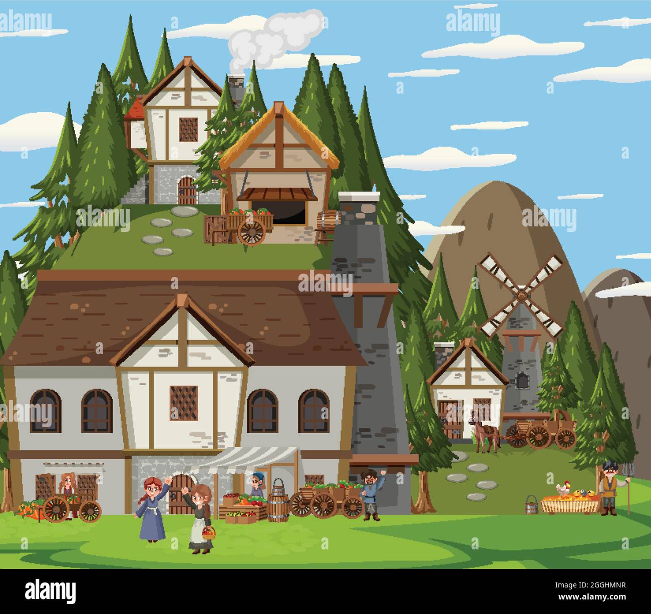 Medieval town scene with villagers illustration Stock Vector Image ...