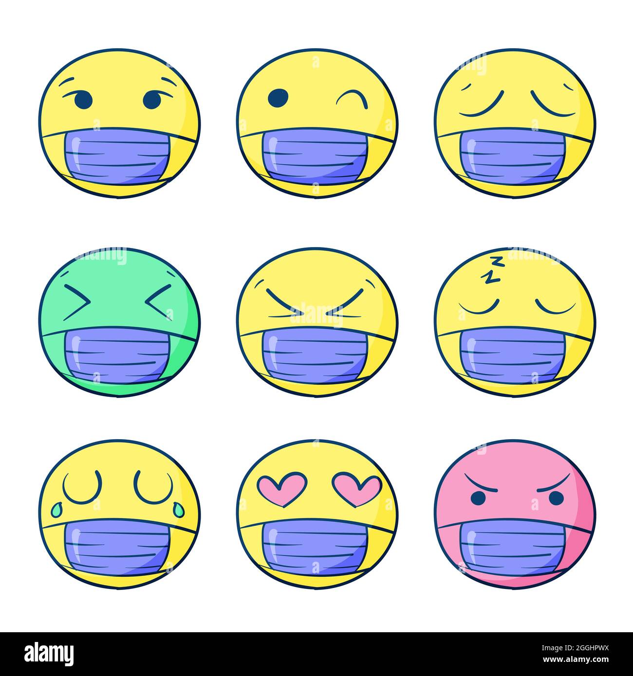 Hand drawn emojis with face mask Vector illustration Stock Vector Image ...