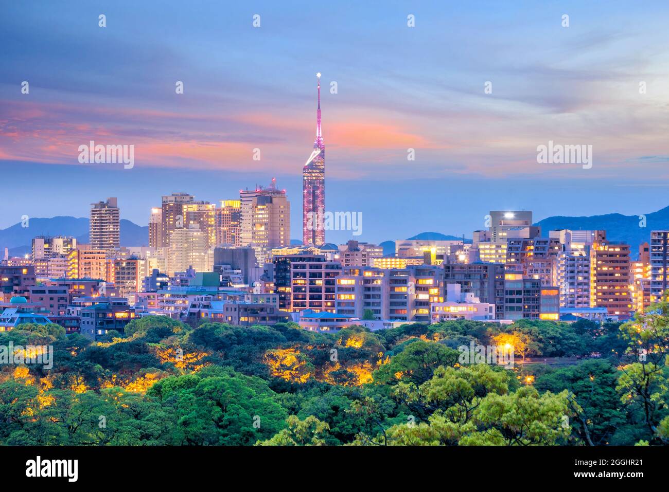 Fukuoka city skyline in Japan at sunset Stock Photo - Alamy