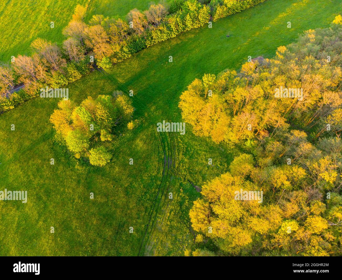 Green rural landscape of Northern Bohemia at susnet time. Aerial view ...