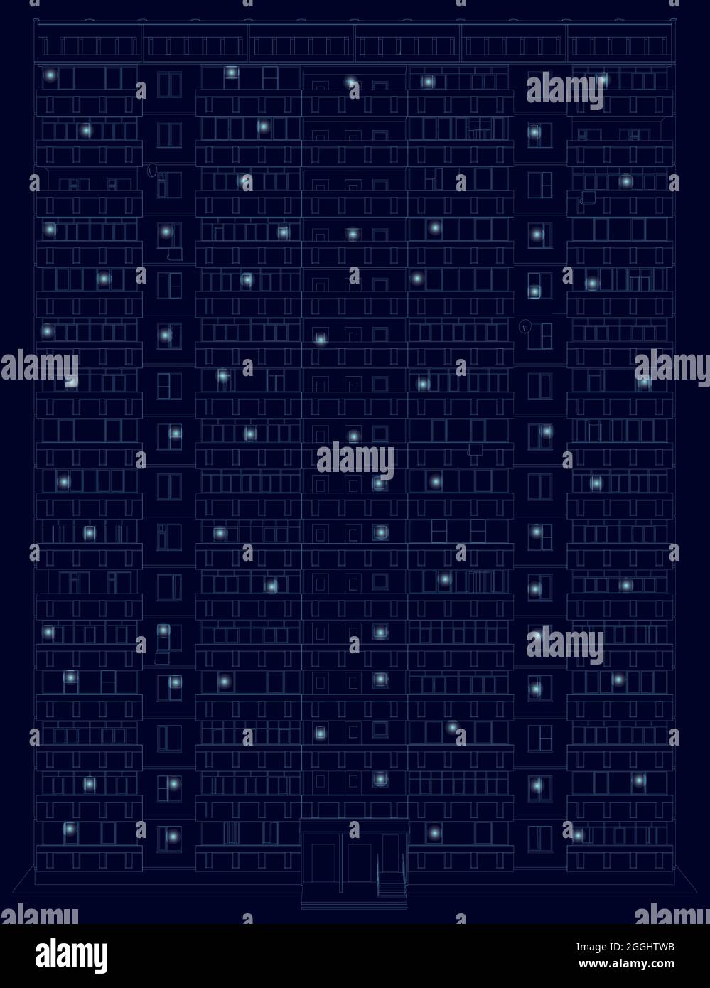 The contour of a multi-storey building with glowing lights from blue ...