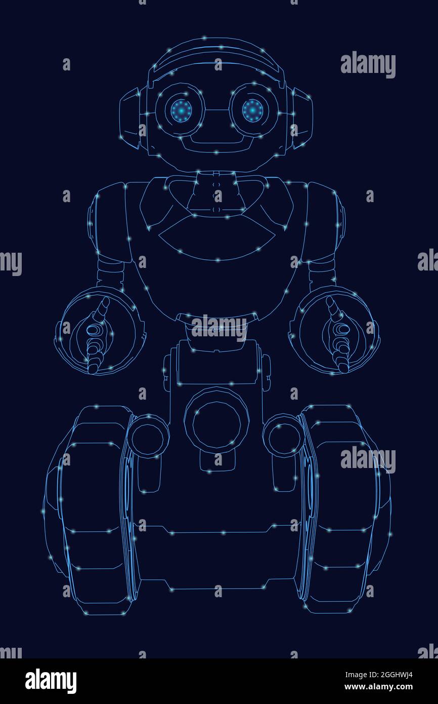 Contour of a robot on a goose with hands with glowing lights from blue ...