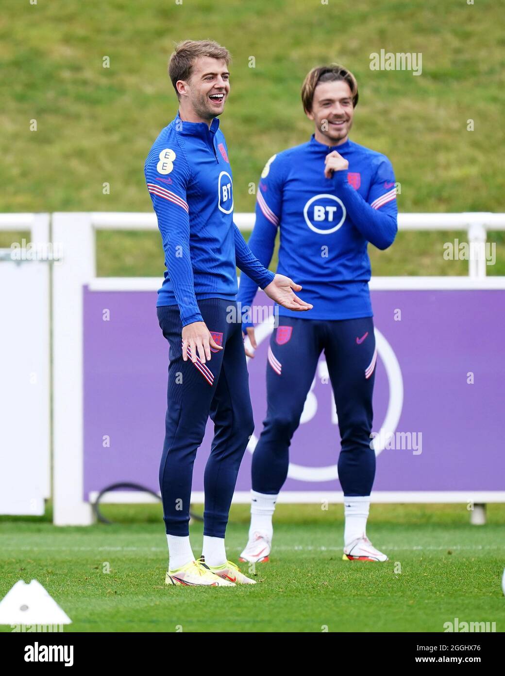 England's Patrick Bamford (left) and Jack Grealish during a training ...