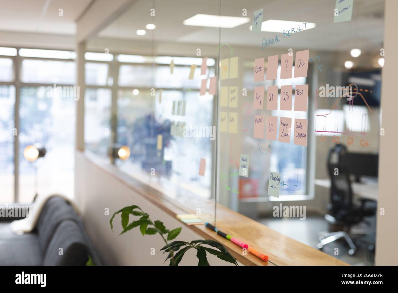 Interior of modern office with glass wall and memo notes Stock Photo ...
