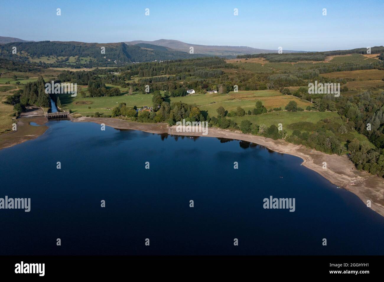 Loch Venachar, Scotland, 26 August 2021. Pictured: Aerial view looking ...