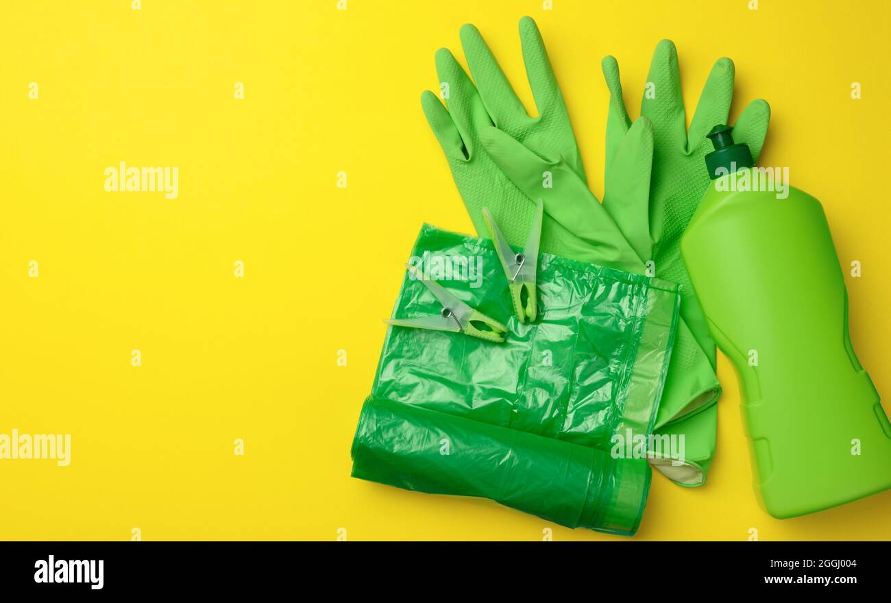 rubber green gloves for cleaning, trash can plastic bag roll and ...