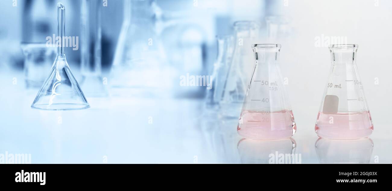 pink solution in clear glass flask in chemistry science research lab ...