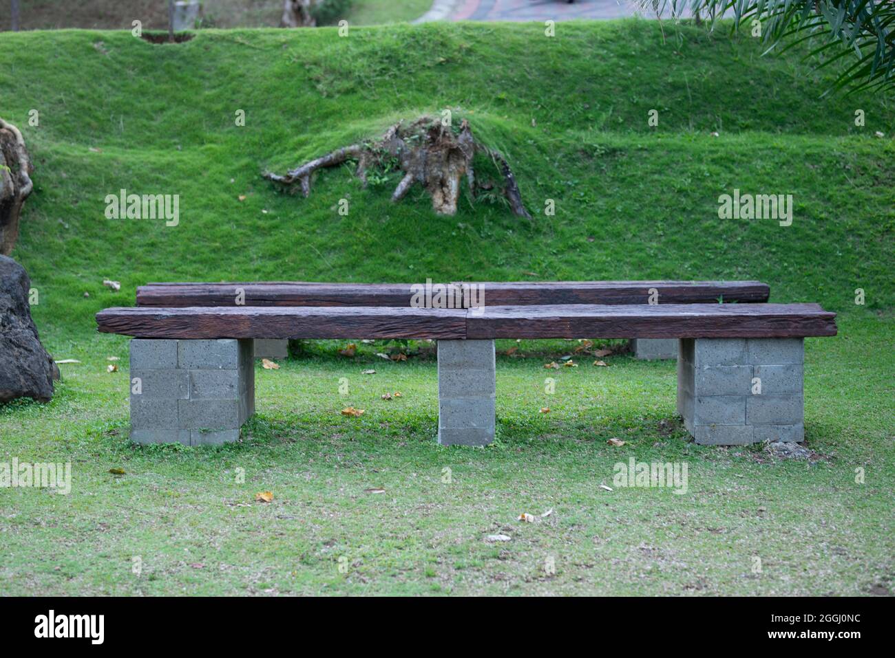 wooden chair in a park with green grass background Stock Photo - Alamy