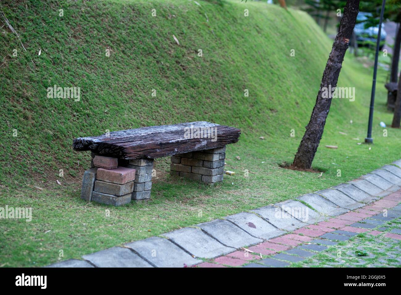 wooden chair in a park with green grass background Stock Photo - Alamy