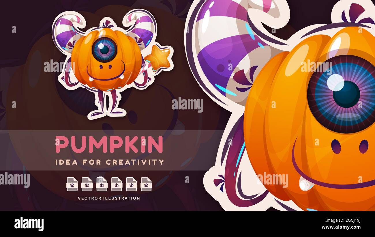 Cartoon character pumpkin with magic wand - cute sticker Stock Vector ...