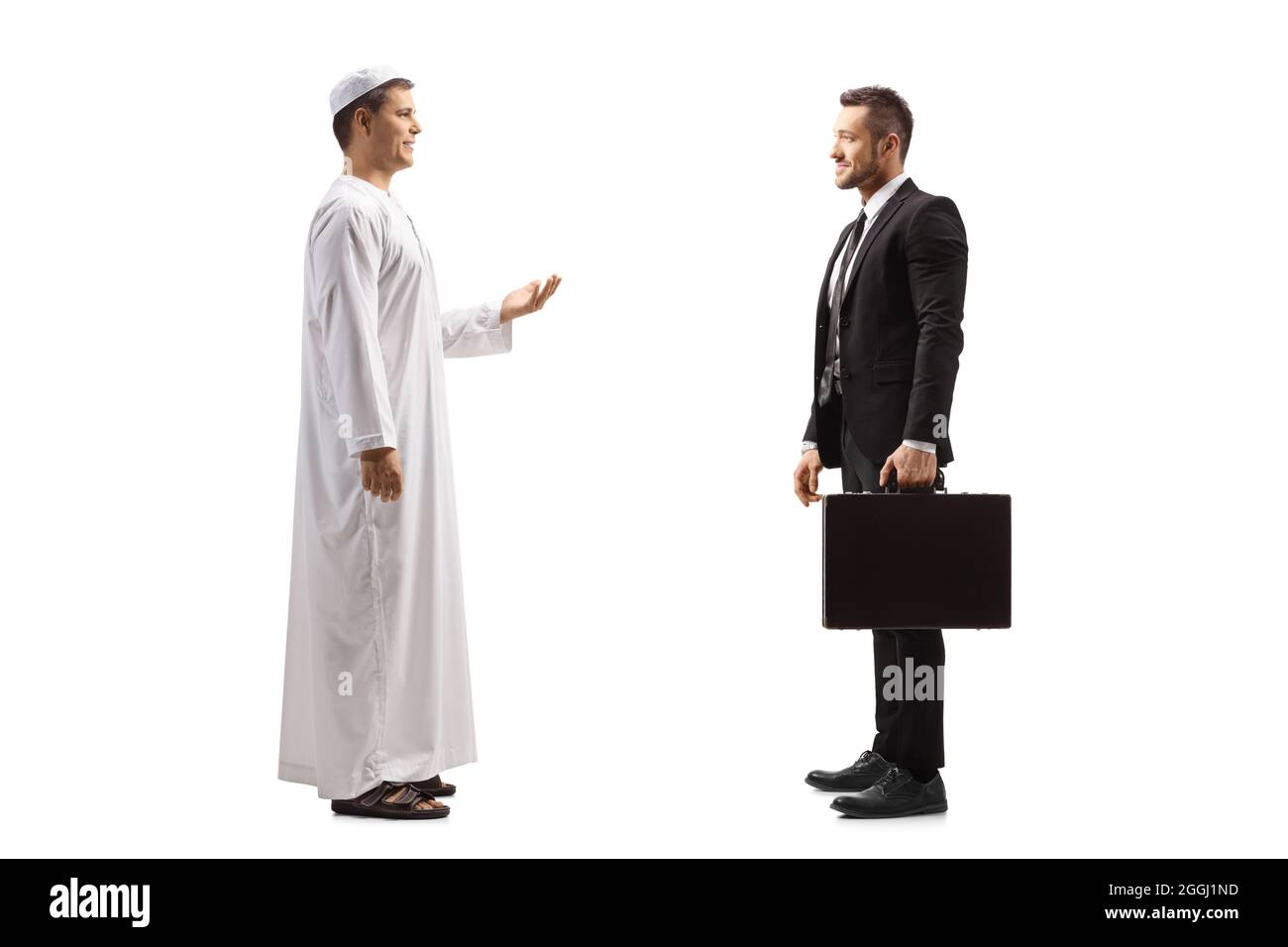 Full length profile shot of an arab man having a conversation with a ...