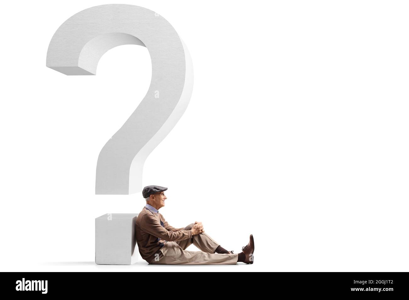 Elderly man sitting on the floor and leaning on a big question mark ...