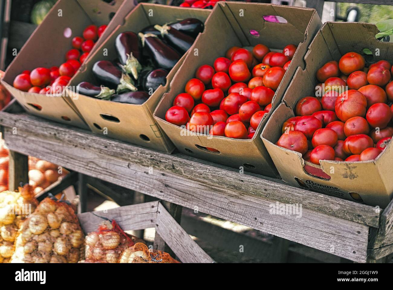 BRASOV, ROMANIA - Jul 05, 2019: A market stall with boxes full of ...