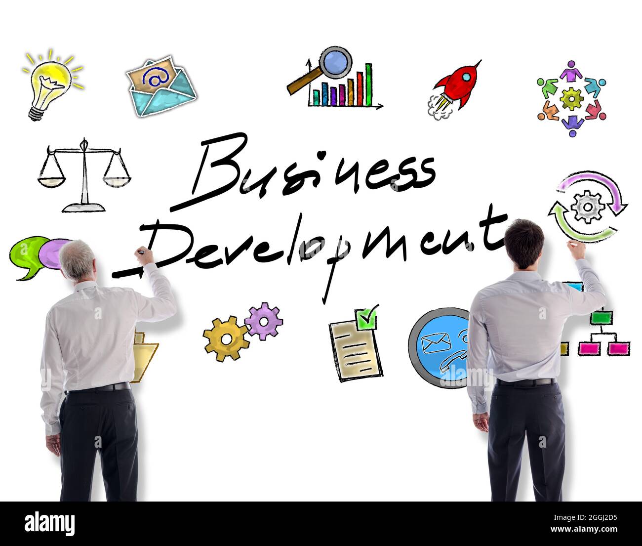 Business development concept drawn on a white wall by businessmen Stock ...