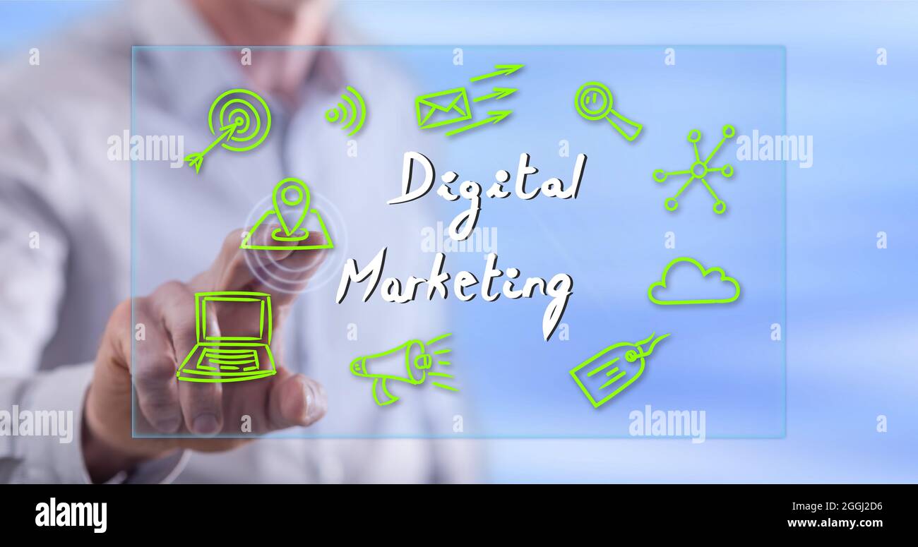 Man touching a digital marketing concept on a touch screen with his ...