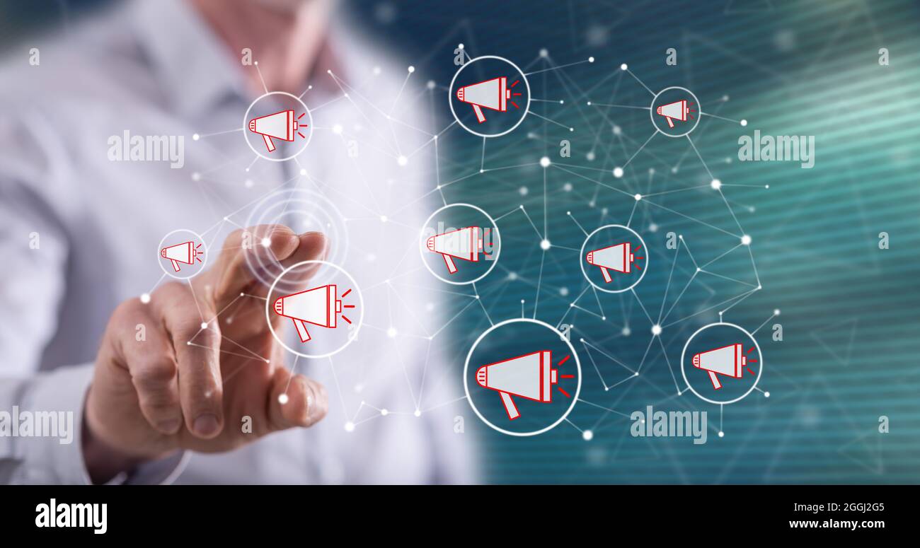 Man touching a digital marketing concept on a touch screen with his ...