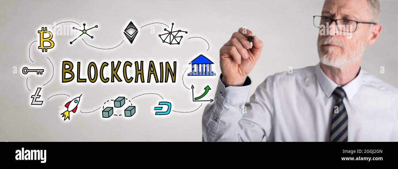 Blockchain technology concept drawn by a businessman Stock Photo - Alamy