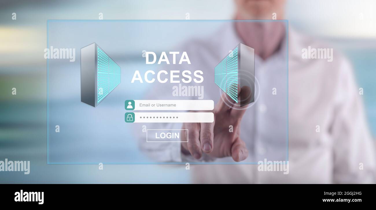 Man touching a data access concept on a touch screen with his finger ...