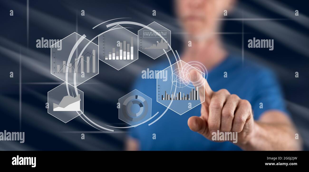 Man touching a data analysis concept on a touch screen with his finger ...