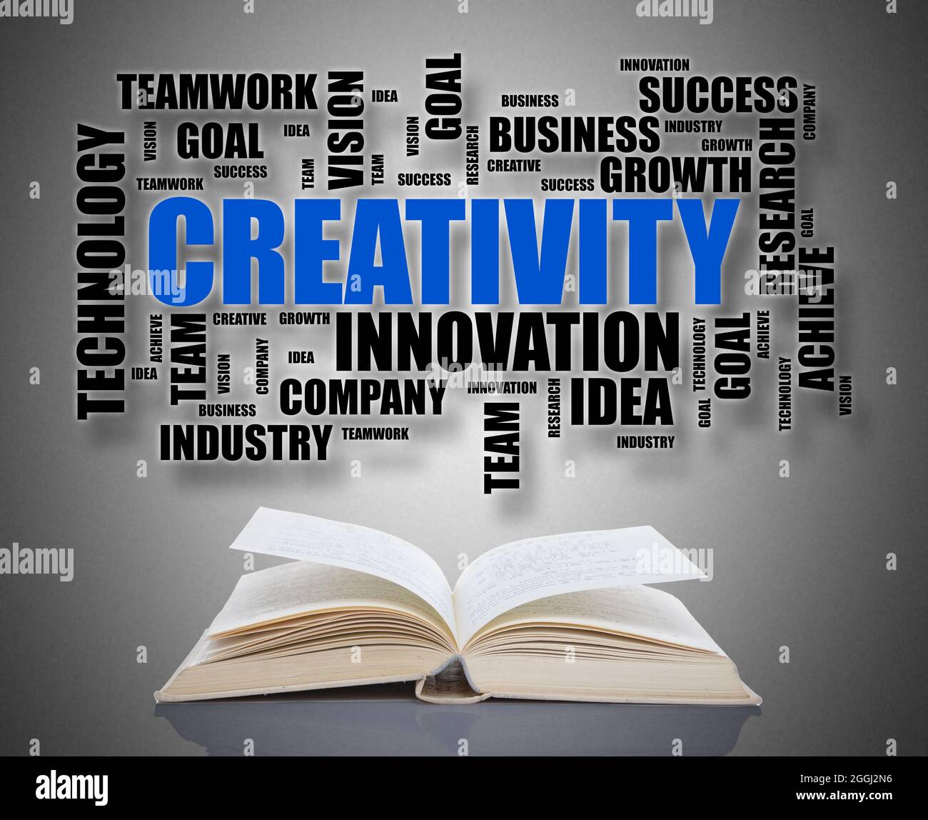 Creativity word cloud concept above an open book Stock Photo - Alamy