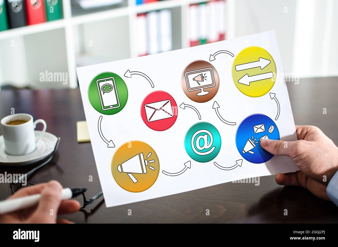 Hand holding a paper showing communication concept Stock Photo - Alamy