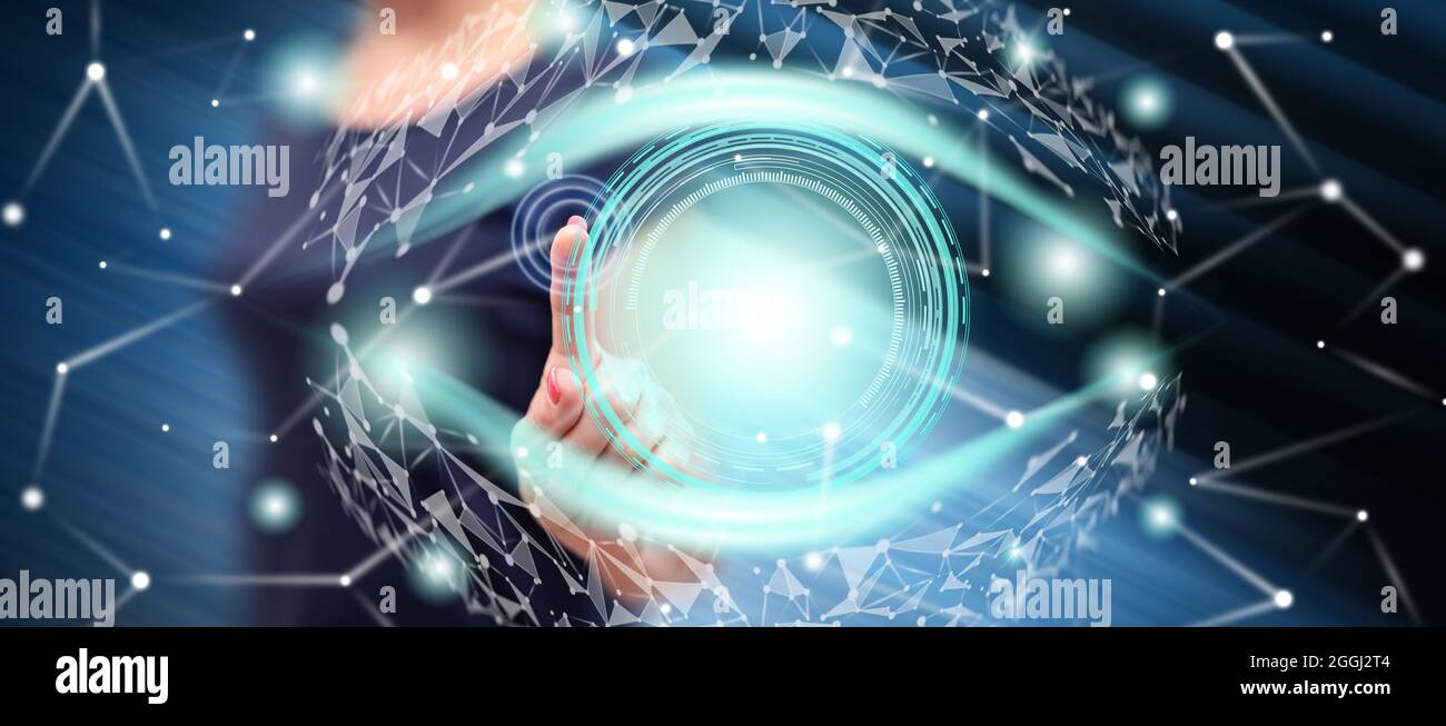 Woman touching a digital eye concept on a touch screen with her finger ...