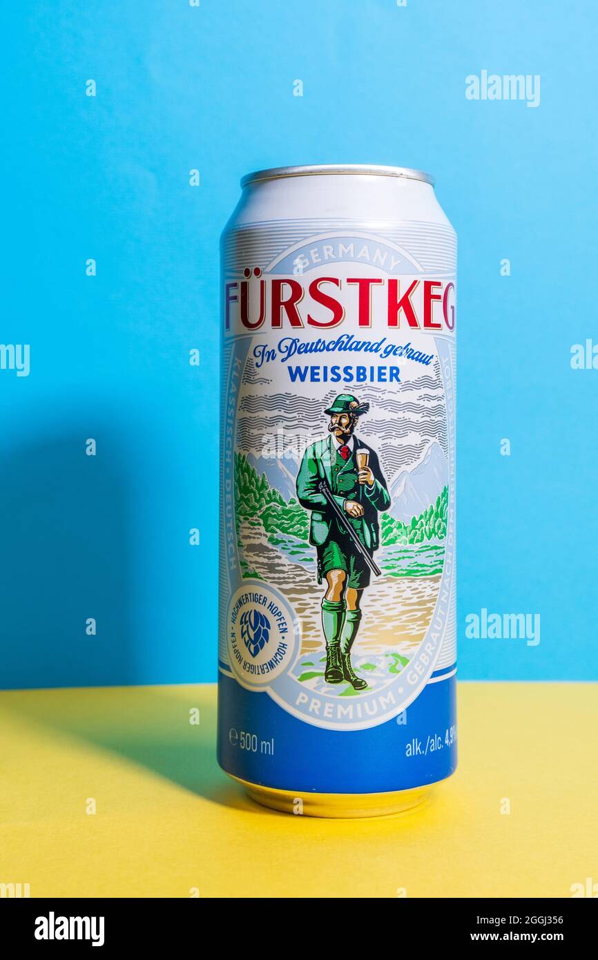 Tyumen, Russia-May 25, 2021: beer furstkeg Weissbier brewery OeTTinger ...